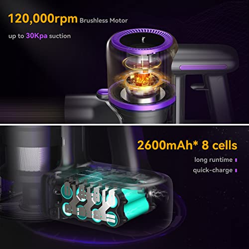 POWEART N700 Cordless Vacuum Cleaner, 30Kpa Suction, Extended Runtime ...
